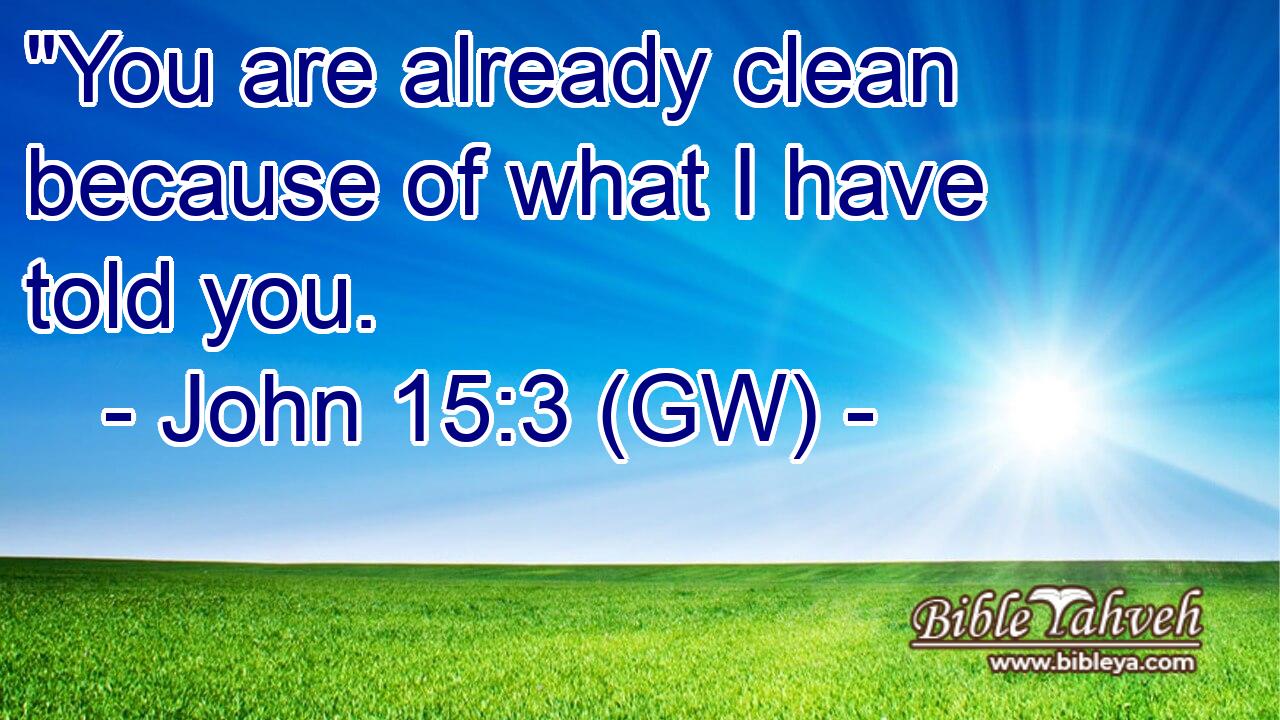 John 15:3 (gw) - "You are already clean because of what I have tol...